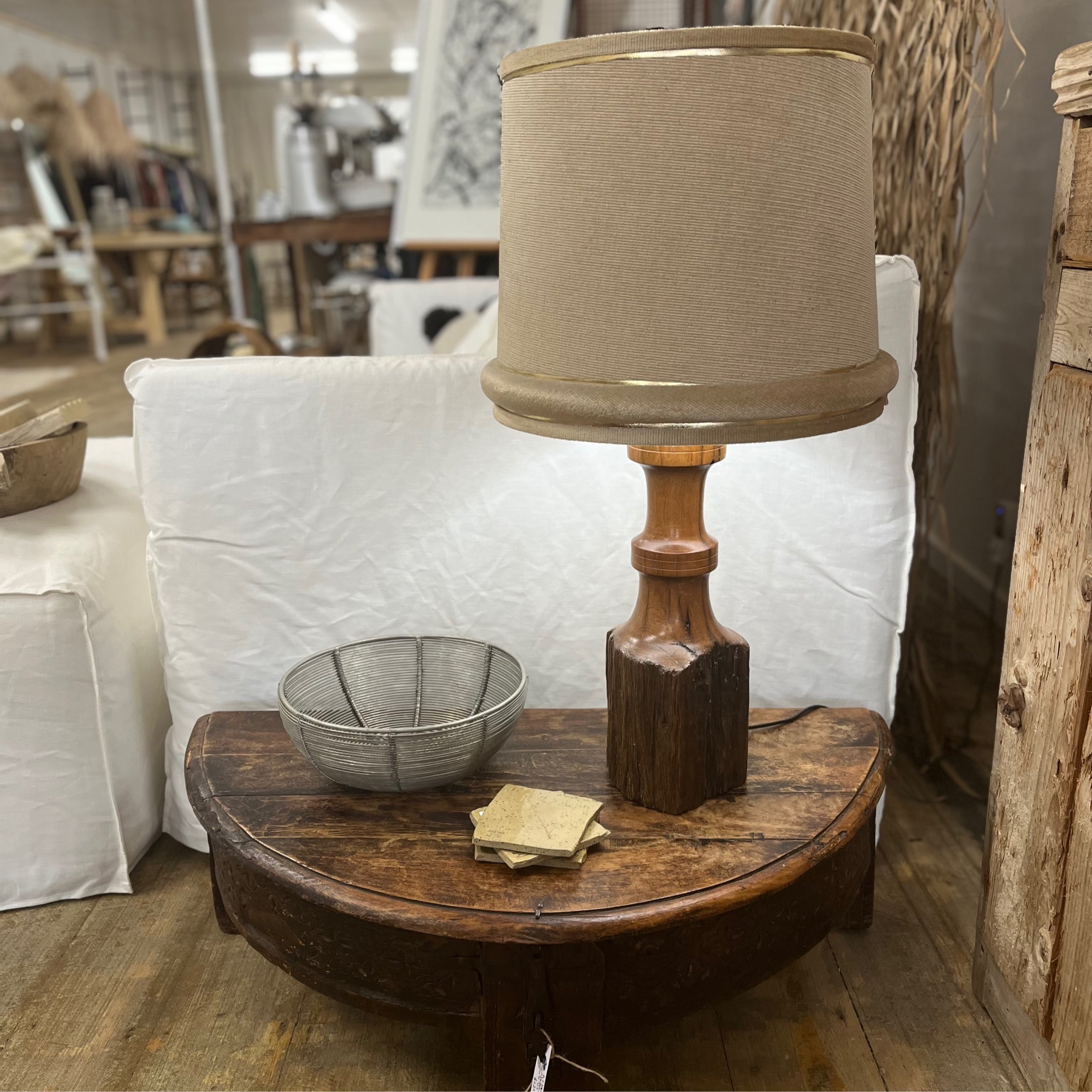 Vintage timber lamp with velvet shade | OCEAN + STONE